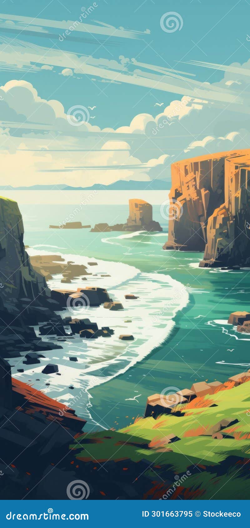 Stunning Ocean Coast Illustration with Cliffs: a Visual Adventure Stock ...