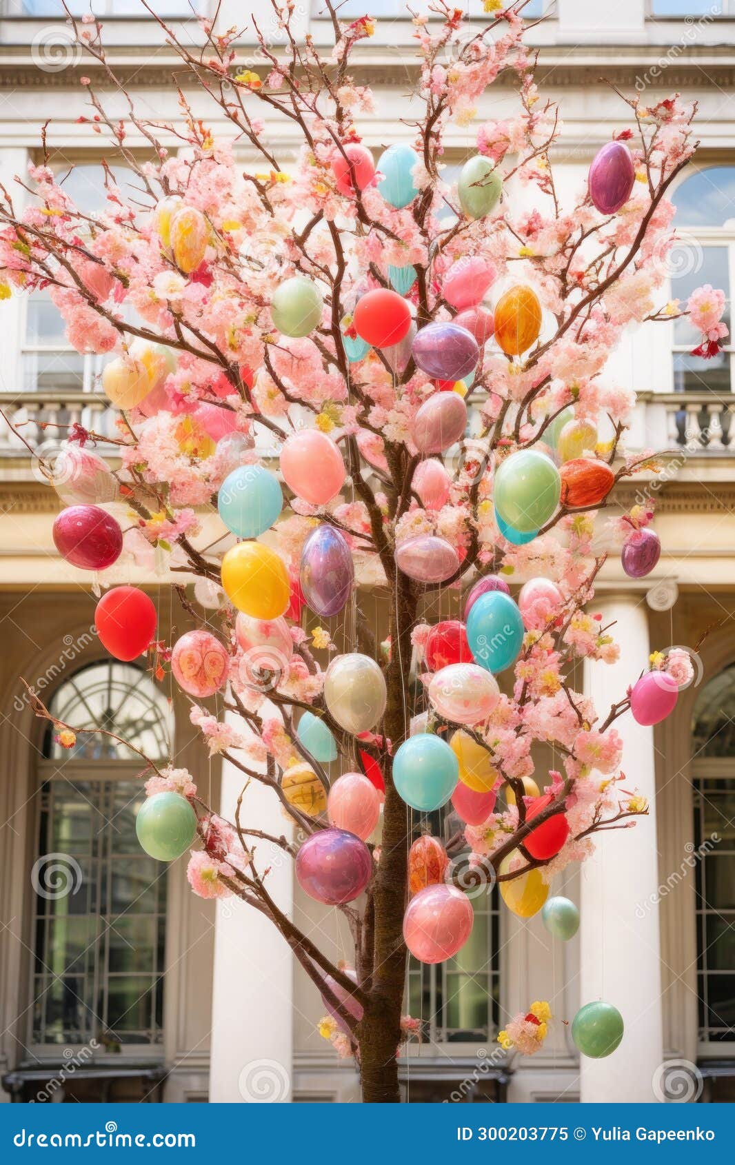 A Stunning Photo of a Blooming Cherry Blossom Tree with Colorful Easter ...