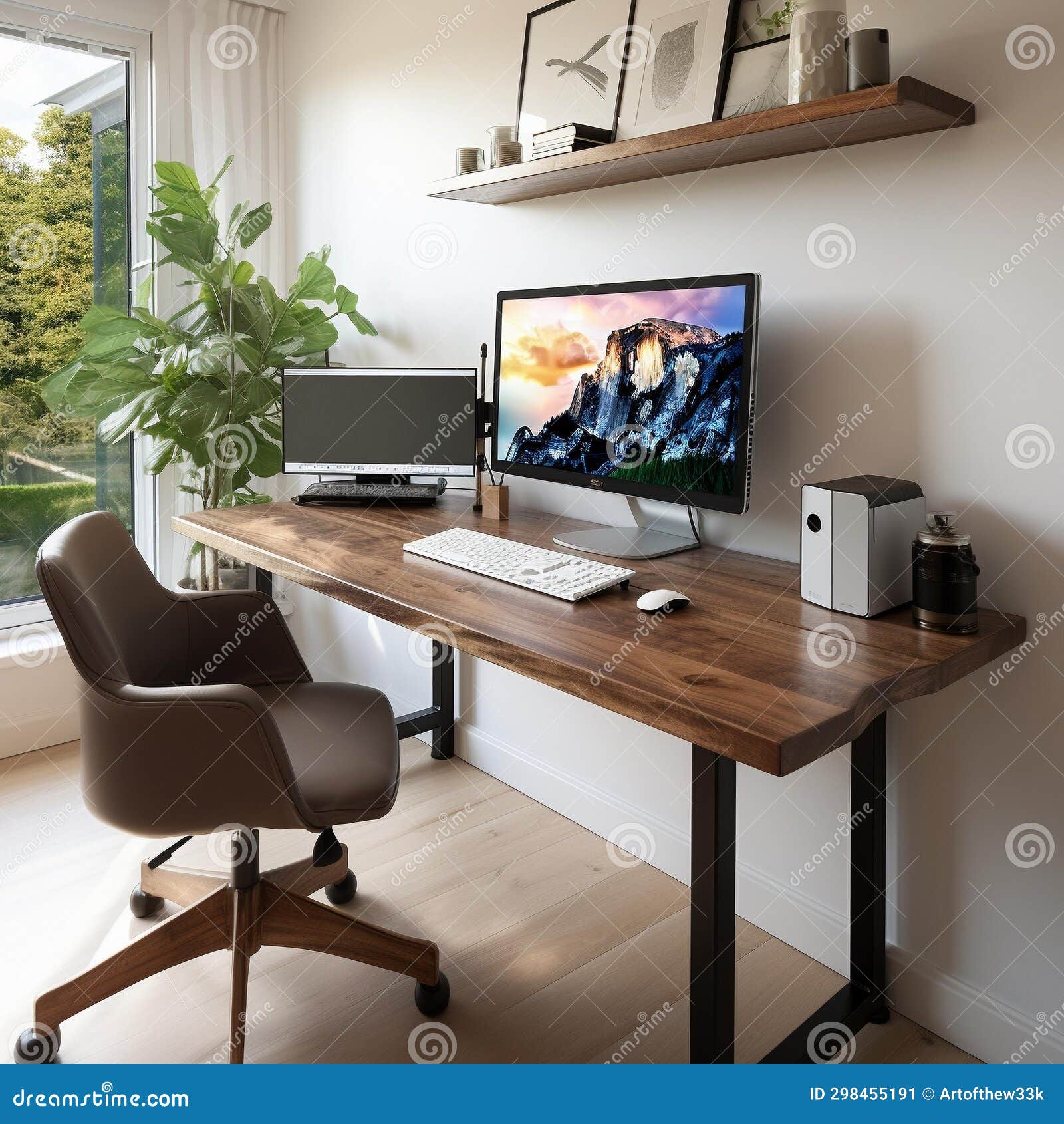 Sleek Workspace: Neatly Arranged Computer and Keyboard on Mahogany Desk ...