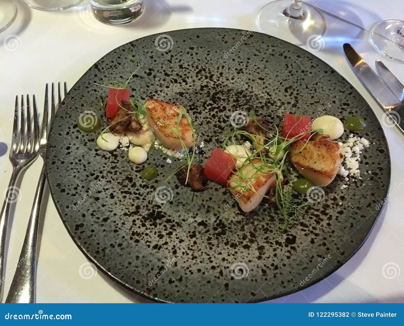 Stunning Presentation of Seared Scallops Stock Photo - Image of dish ...