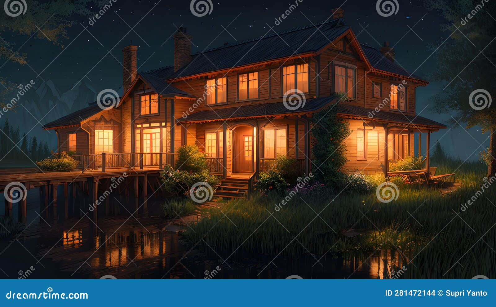 Stunning Realistic House Exterior At Night Environment Stock Photo ...