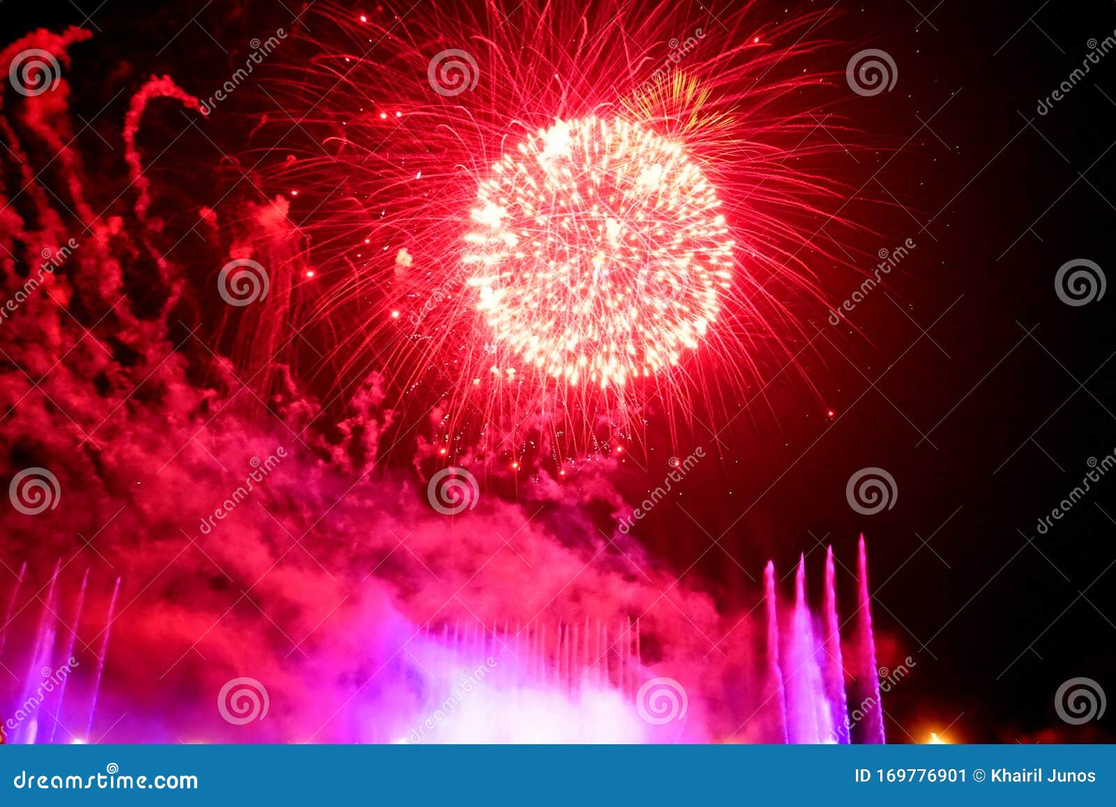 Stunning Red Fireworks Ball Exploding on the Sky at Night Stock Image ...