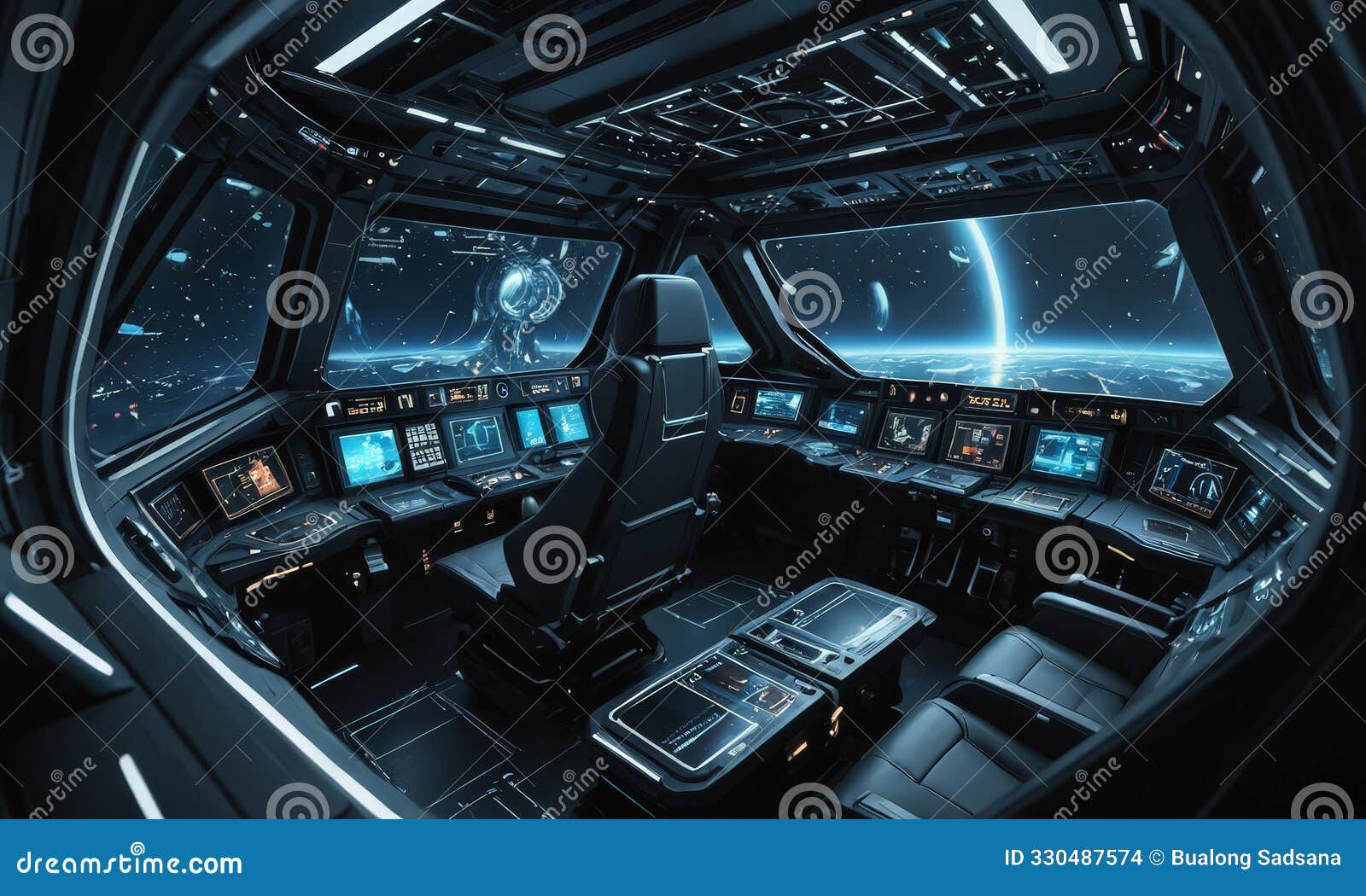 The Interior Spaceship with Multiple Screens Stock Illustration ...