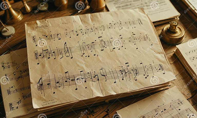 Sheet music notes on table stock illustration. Illustration of ...