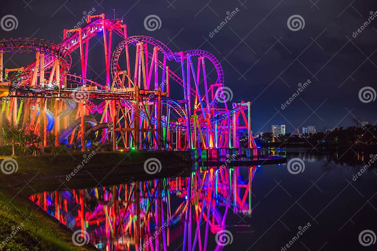 The Stunning Roller Coaster Lights Up at Night Stock Photo - Image of ...