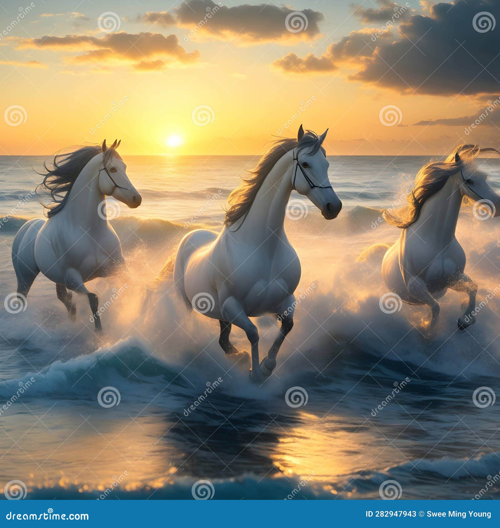 A Stunning Scene of Sea Foam Horses Galloping through the Shimmering ...