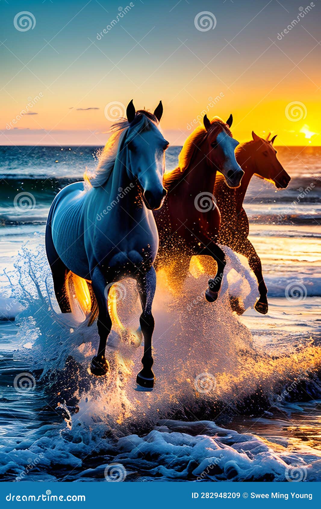 A Stunning Scene of Sea Foam Horses Galloping through the Shimmering ...