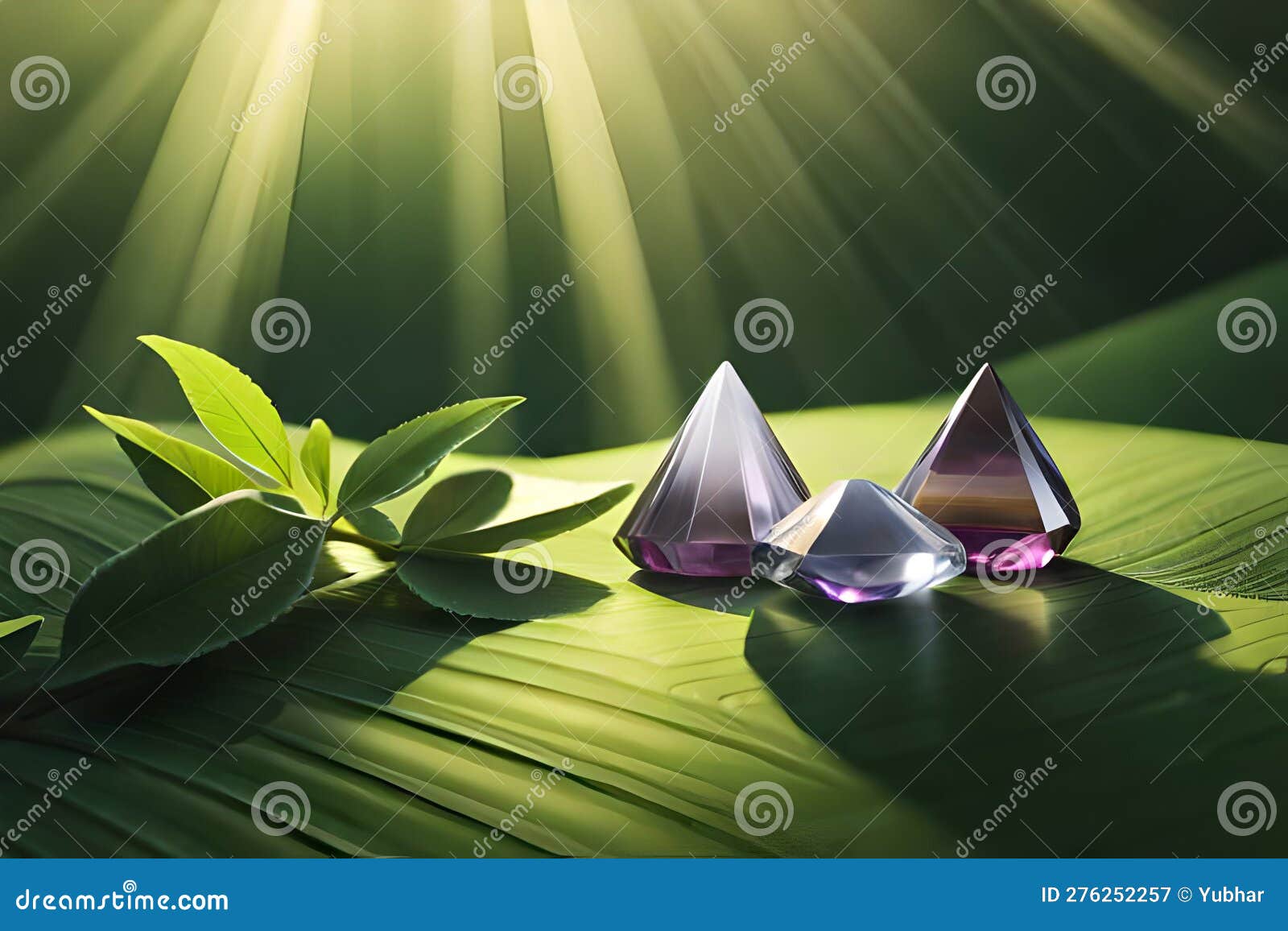 A Tranquil Composition: Healing Crystals on a Bed of Verdant Leaves ...
