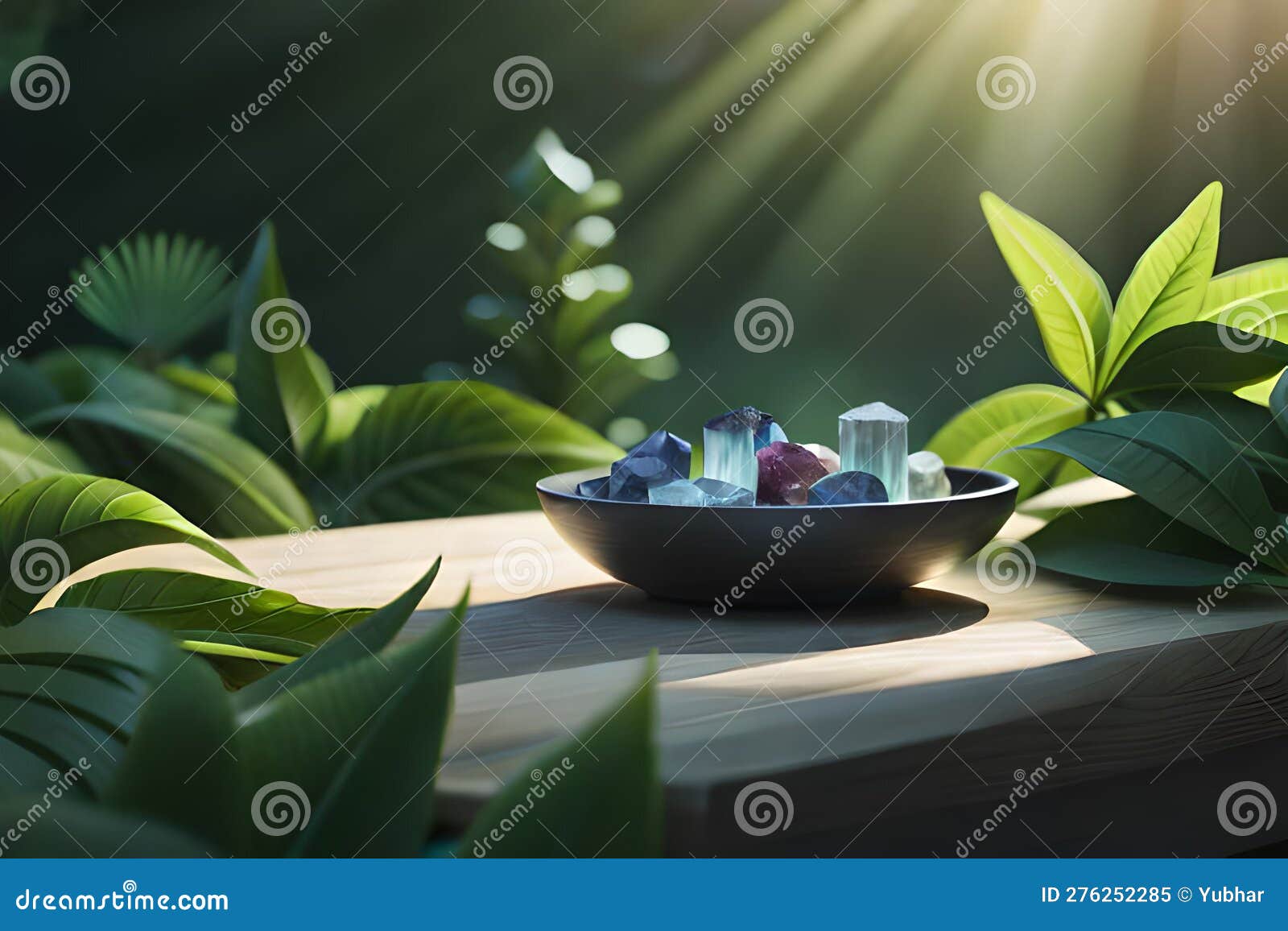 Harmony and Balance: Healing Crystals on a Bed of Lush Green Leaves ...