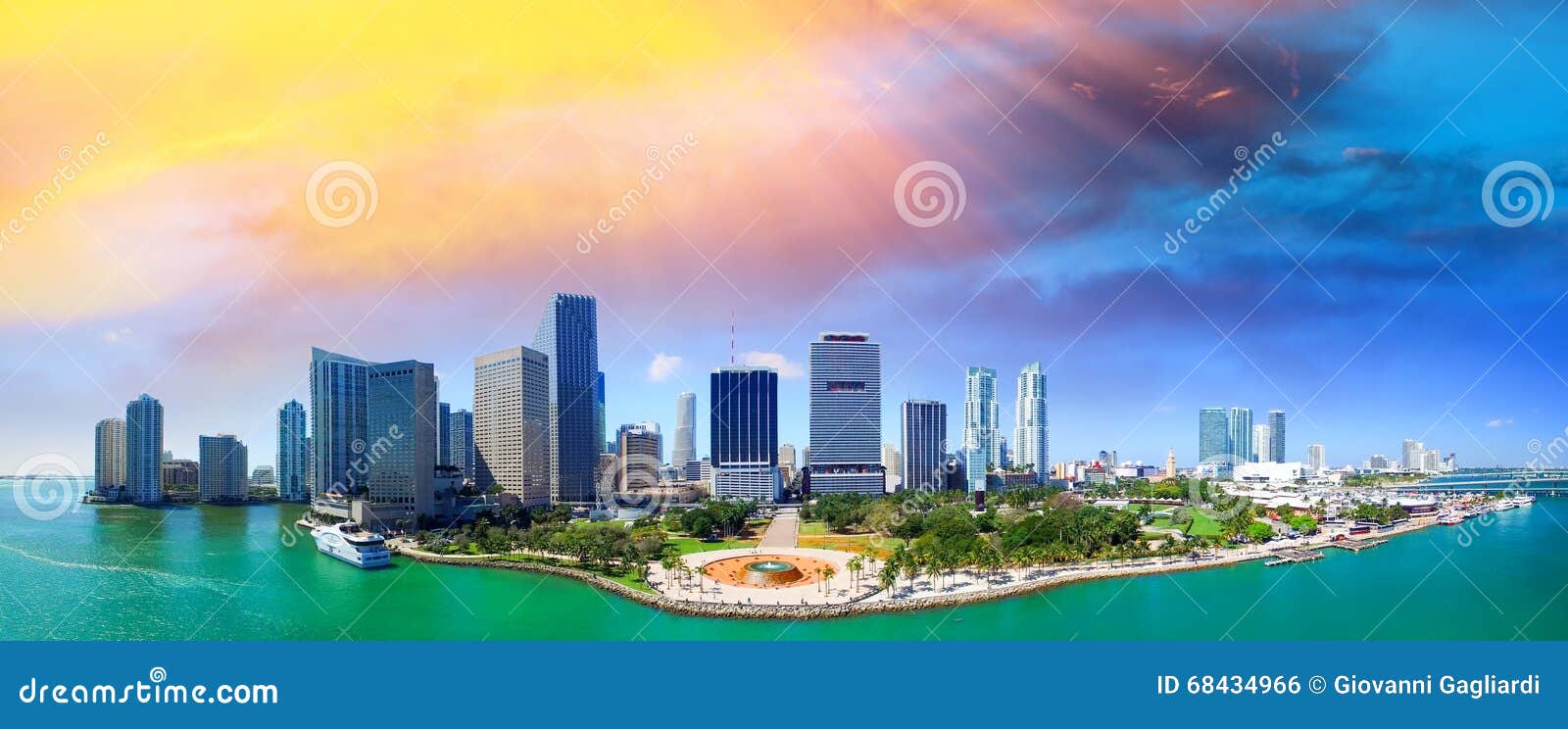 Stunning Sunset Over Downtown Miami. View from the Air Stock Photo ...