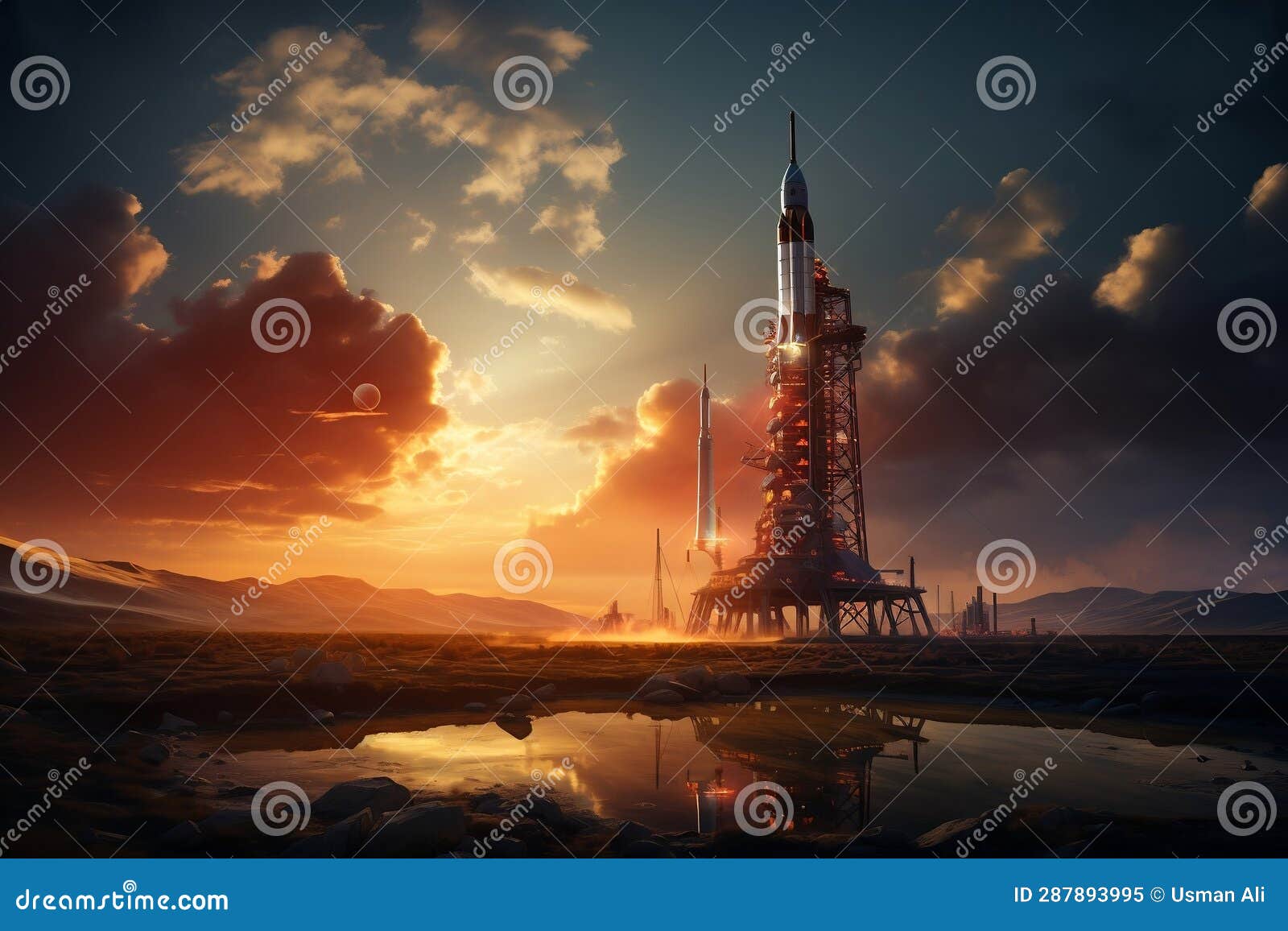 Stunning Sunset Rocket on Launchpad. AI Stock Image - Image of horizon ...
