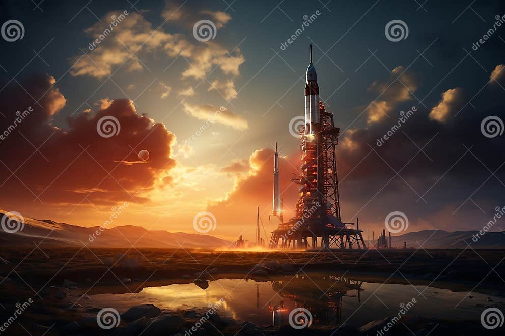 Stunning Sunset Rocket on Launchpad. AI Stock Image - Image of horizon ...
