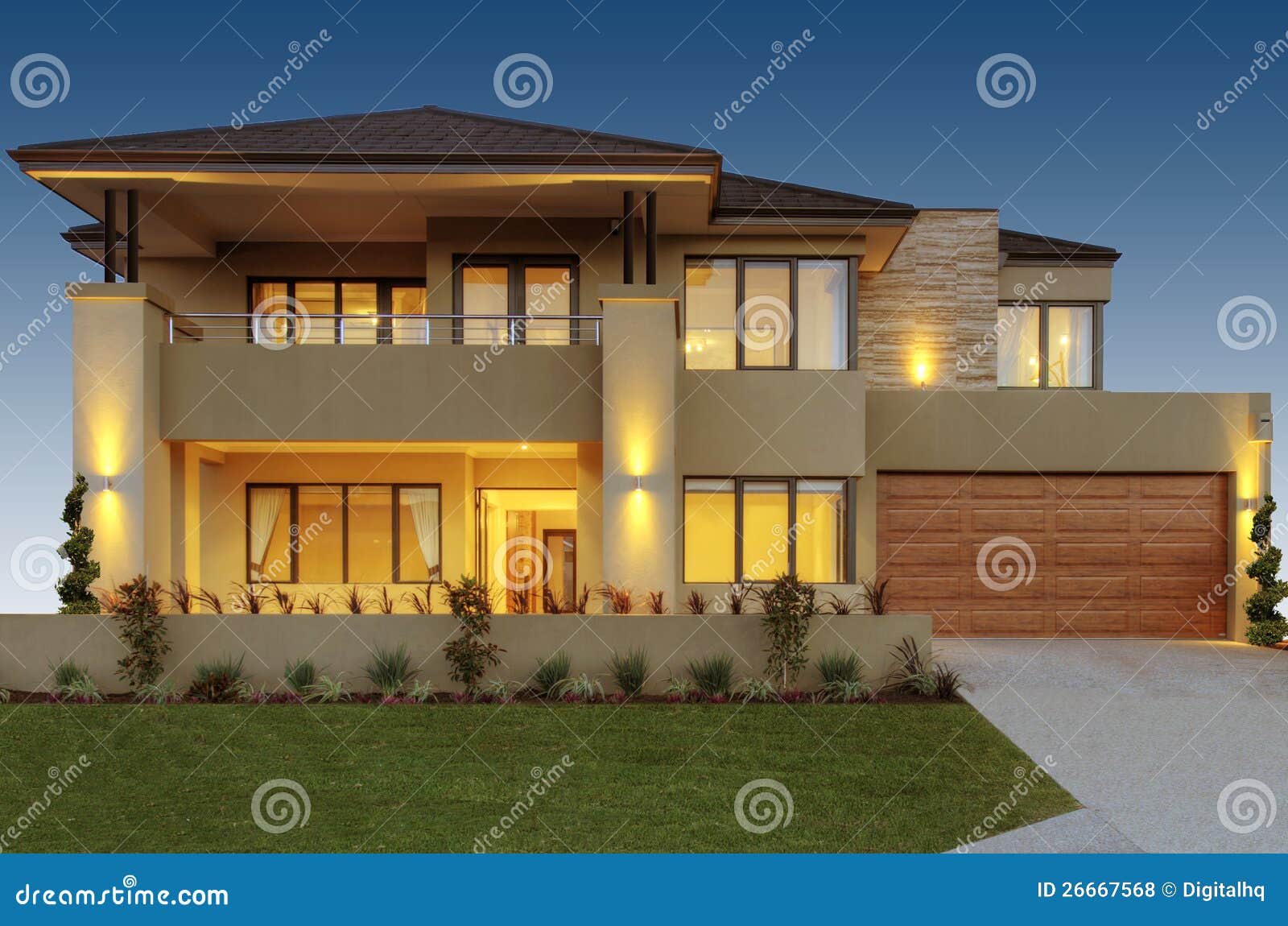 Two Storey Home Facade With Stone Brick Wall And Glass Paned Gray Front ...