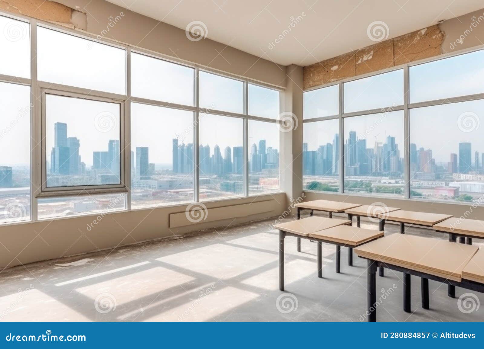 Stunning View of the City from Empty Classroom with Large Windows Stock ...