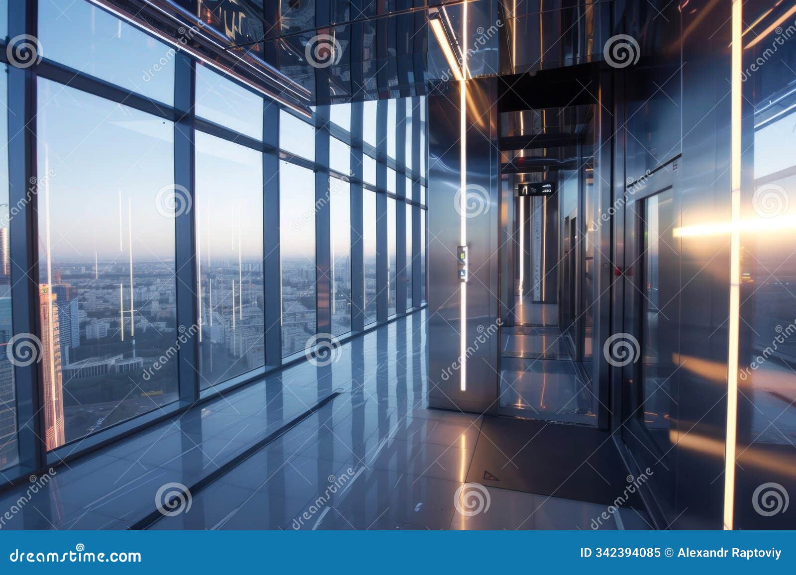 Stunning View from a Modern Skyscraper Elevator Lobby at Sunset ...