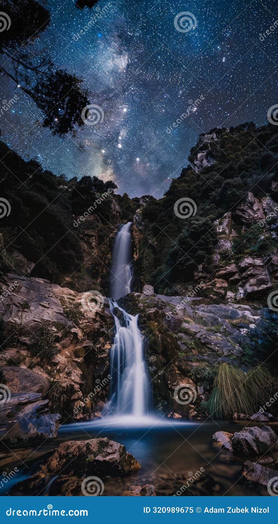 Stunning Waterfall Under Starry Night Sky Stock Illustration ...
