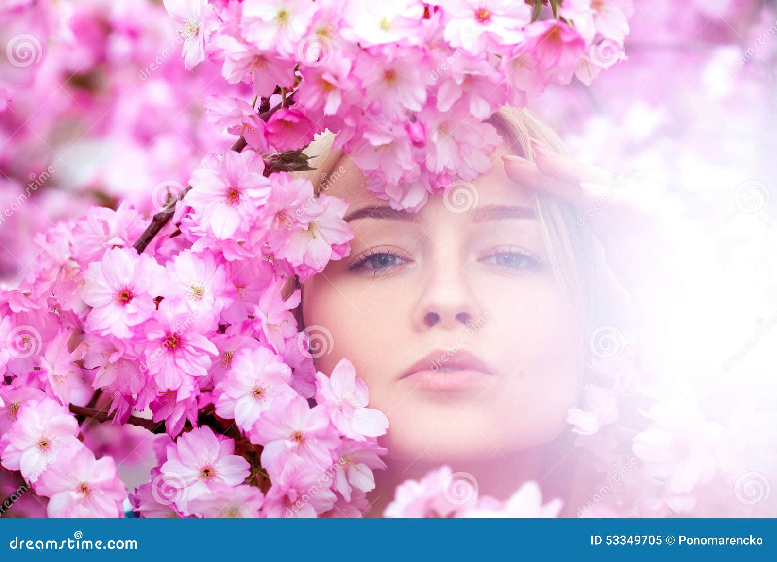 Stunning Young Blonde in Bright Pink Flowers Stock Image - Image of ...