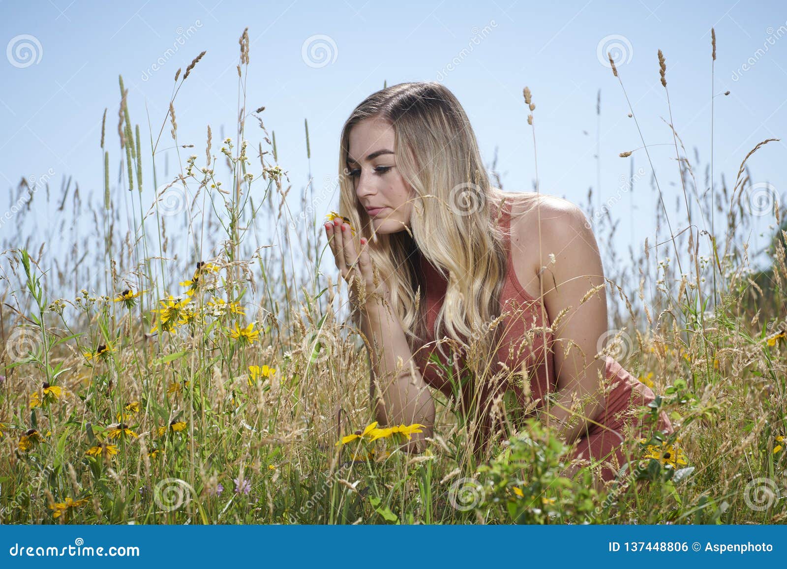 Beautiful Blonde Woman Summer Fashion Outdoors Smelling Flowers Stock