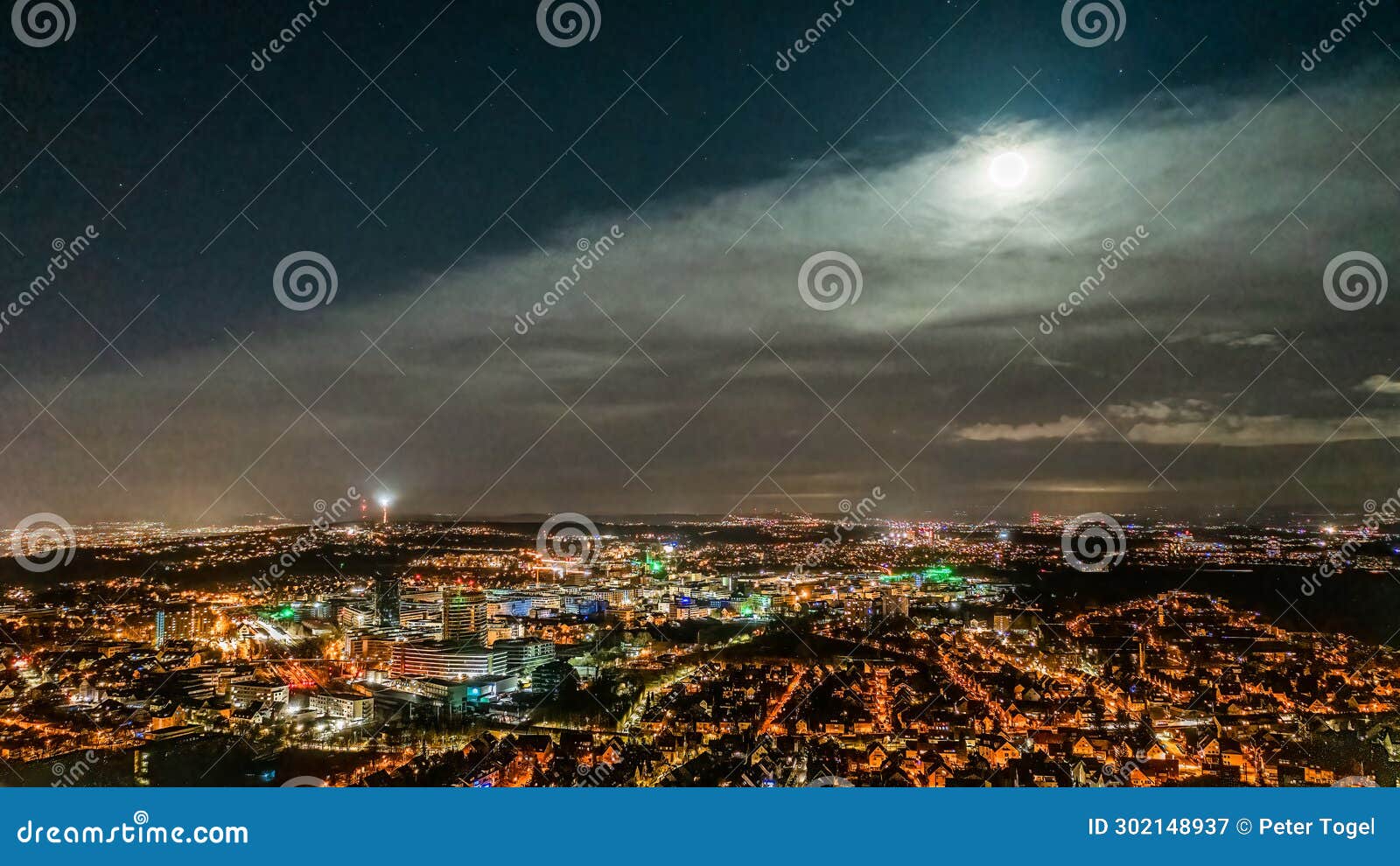 Stuttgart Night Skyline Panorama with Moon and Clouds Stock Image ...