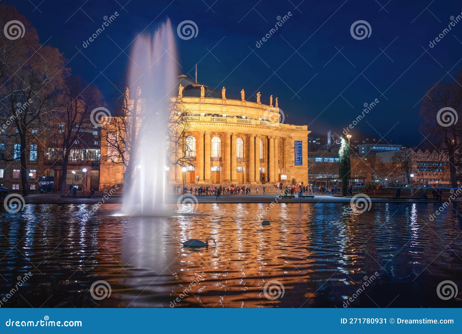 Stuttgart Opera House (Staatstheater) and Eckensee Lake at Night ...