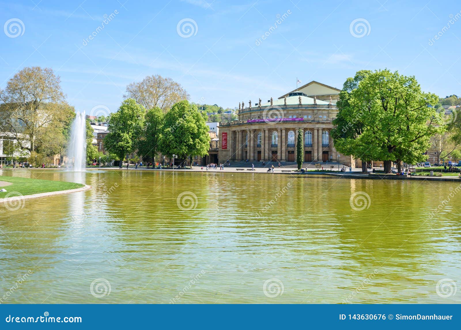 Stuttgart State Theatre Opera Building and Fountain in Eckensee Lake ...