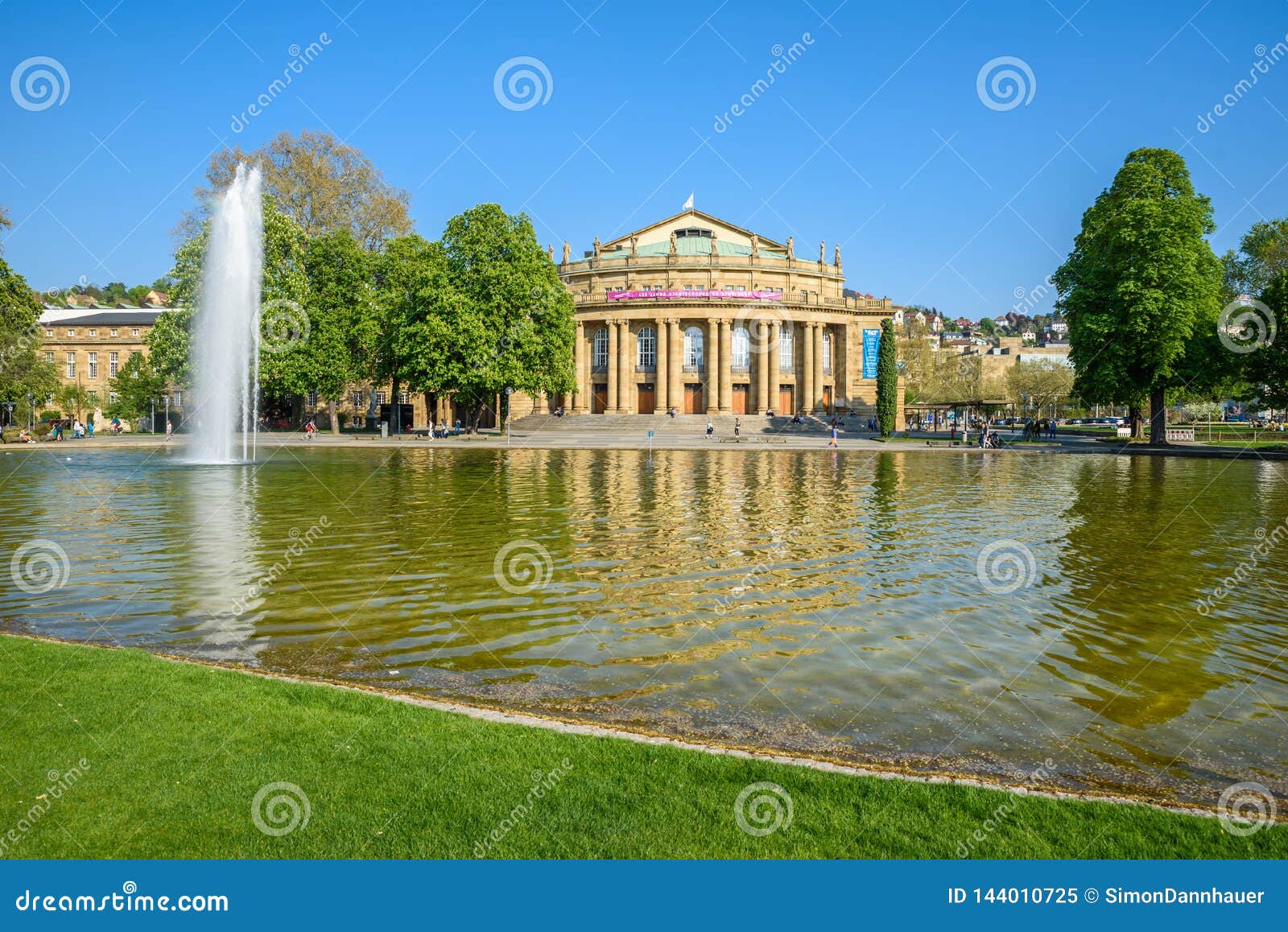 Stuttgart State Theatre Opera Building and Fountain in Eckensee Lake ...