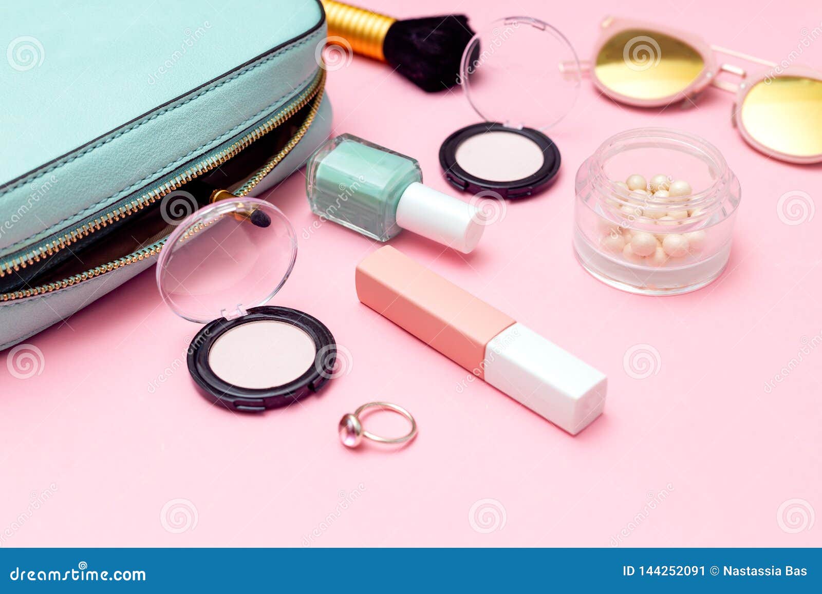 Styled Feminine Background with Make Up. Pastels Colors Stock Image ...