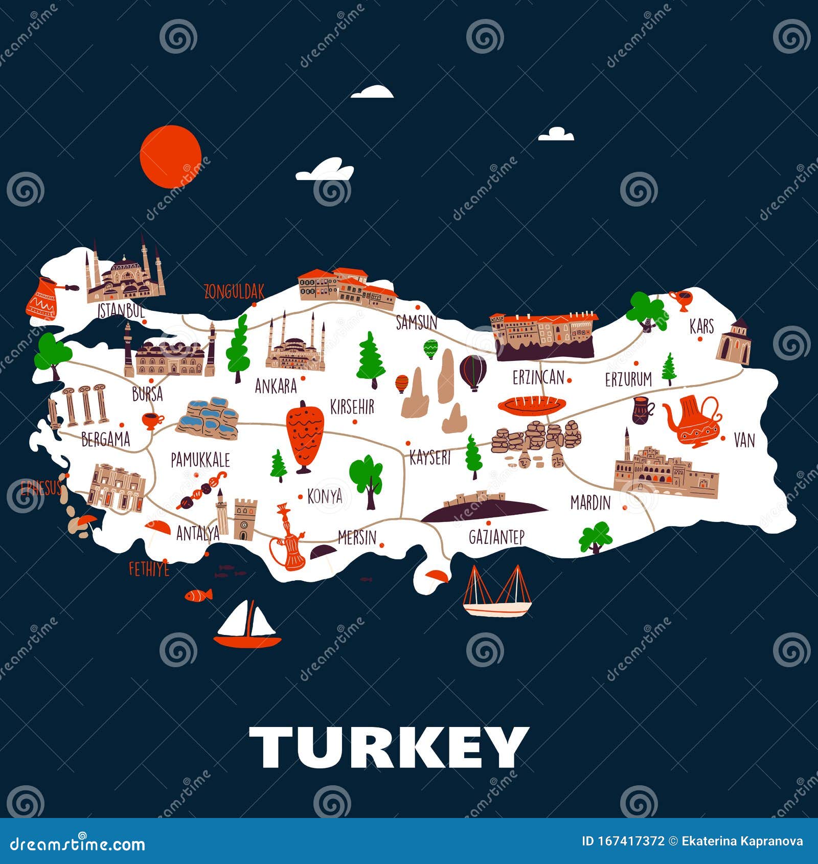 Stylezed Map of Turkey with Different Attractions and Symbols. Vector ...