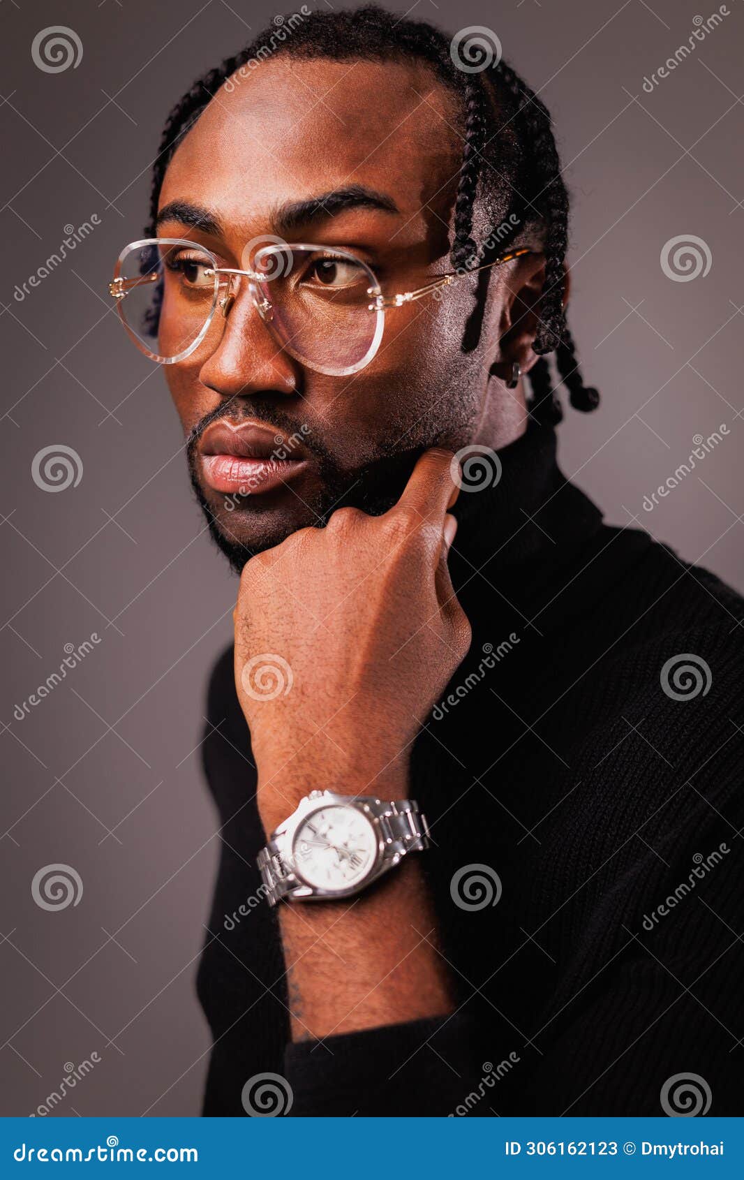 Portrait Of Stylish African American Man In Eyeglasses Touching