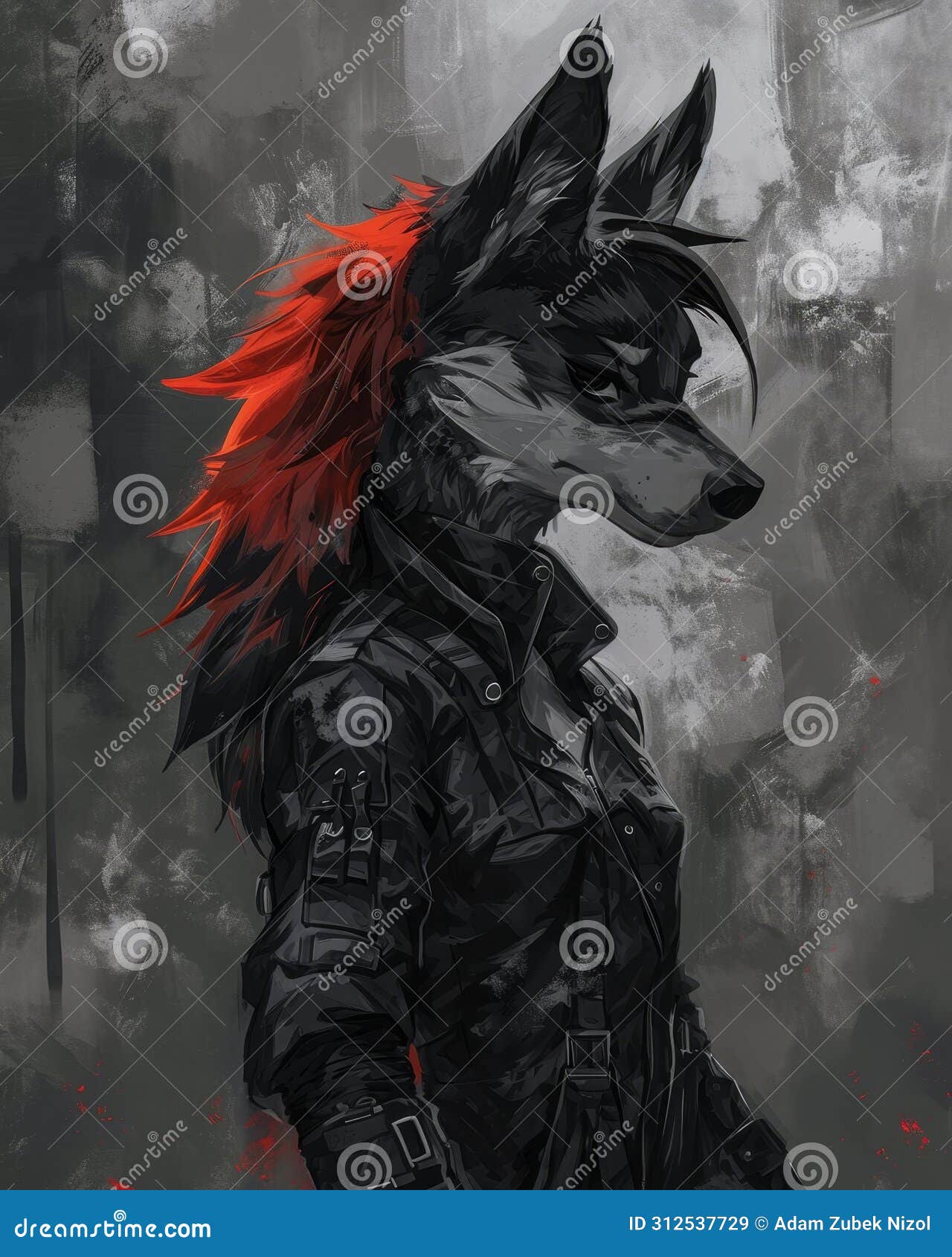 Stylish Anthropomorphic Wolf Character with a Red Mohawk Stock ...