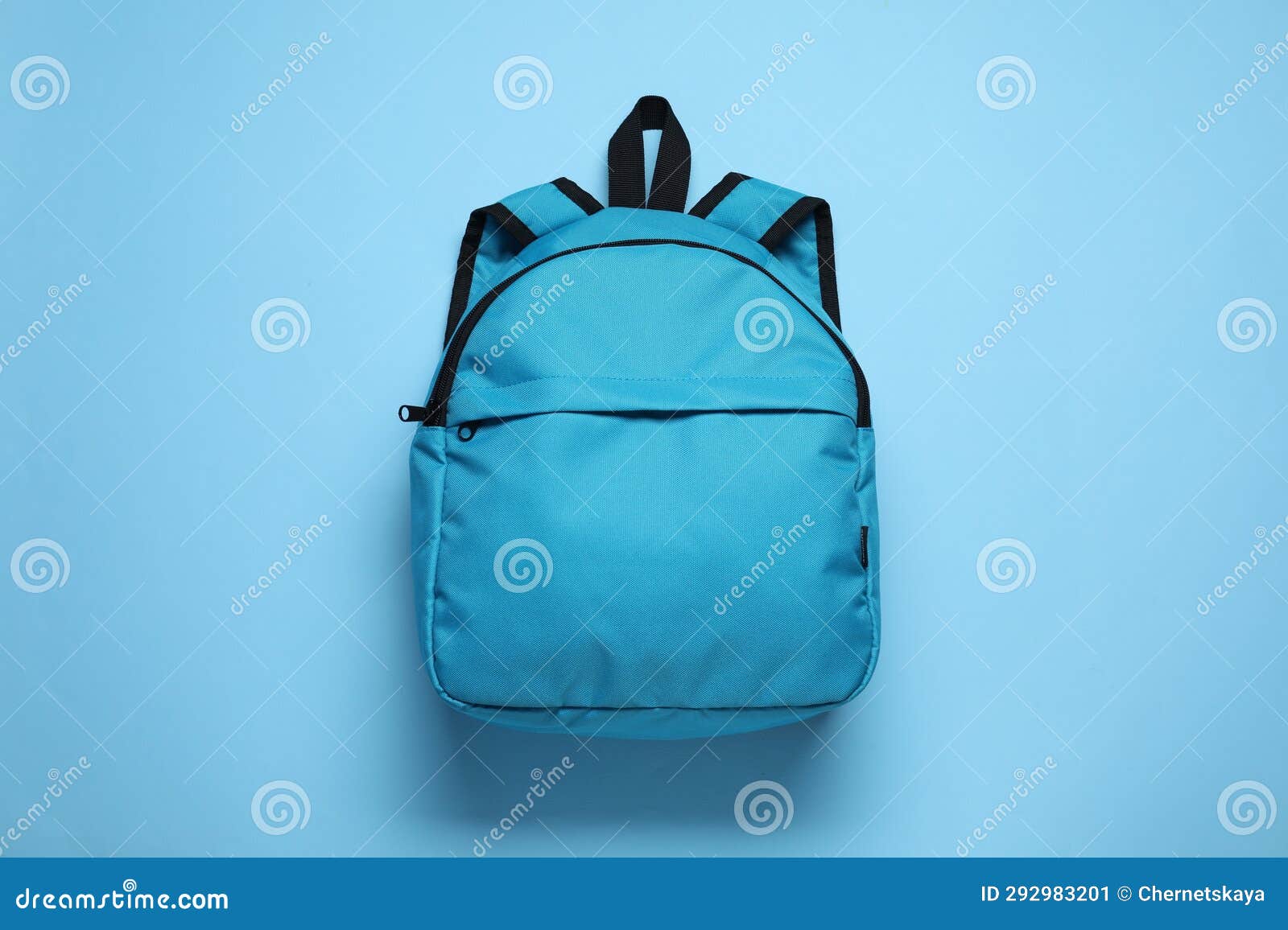 Stylish Backpack on Light Blue Background, Top View Stock Image - Image ...