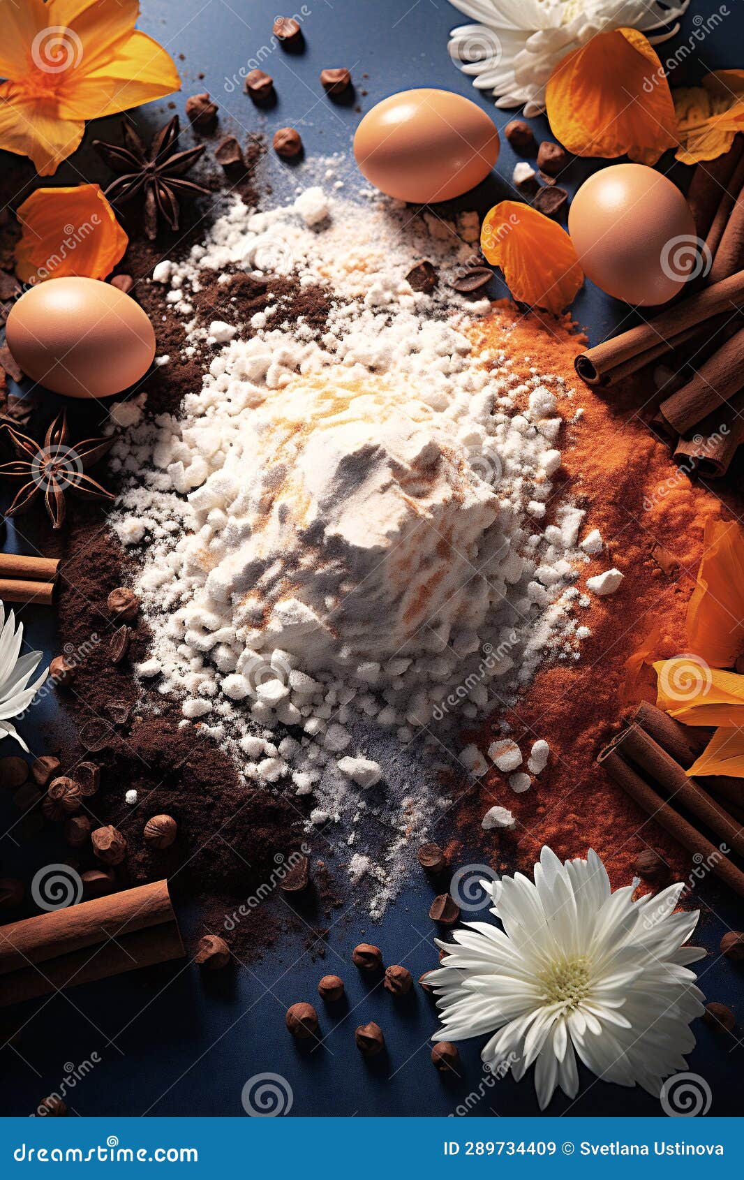 Stylish Baking Setup with Ingredients and Flowers on Dark Blue ...