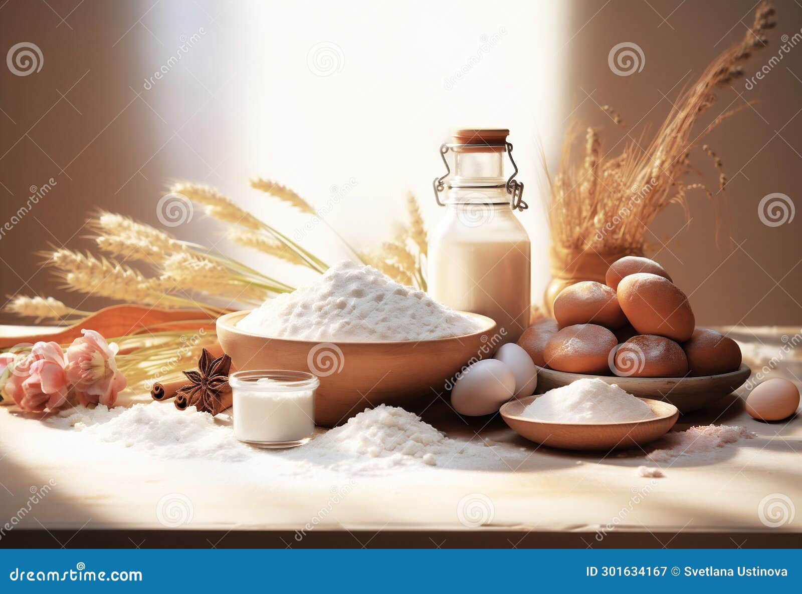 Stylish Baking Setup with Ingredients on Sunlit Background Stock Image ...