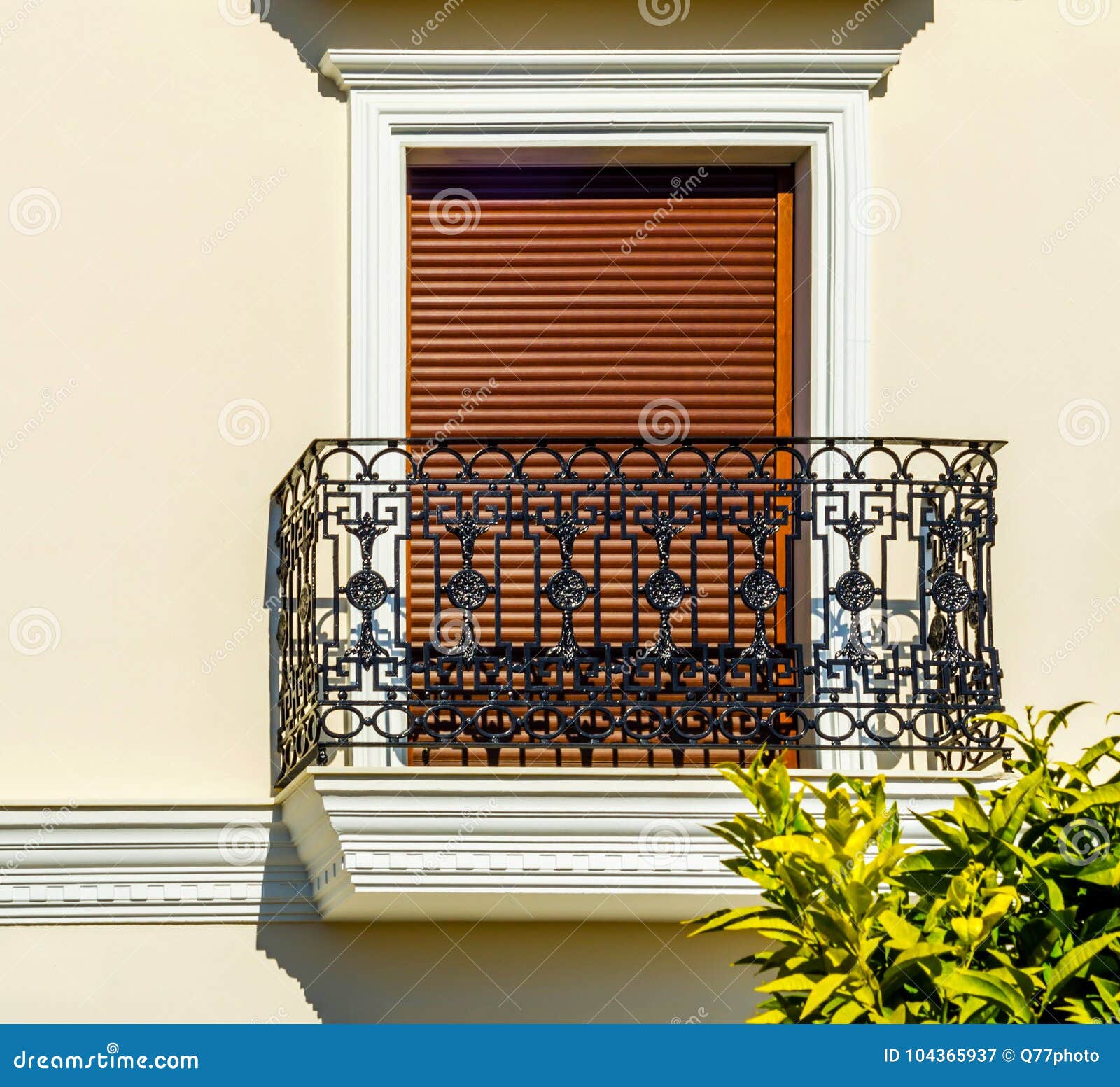 Stylish Balcony with a Metal Railing, Solid Architectural Element, a ...