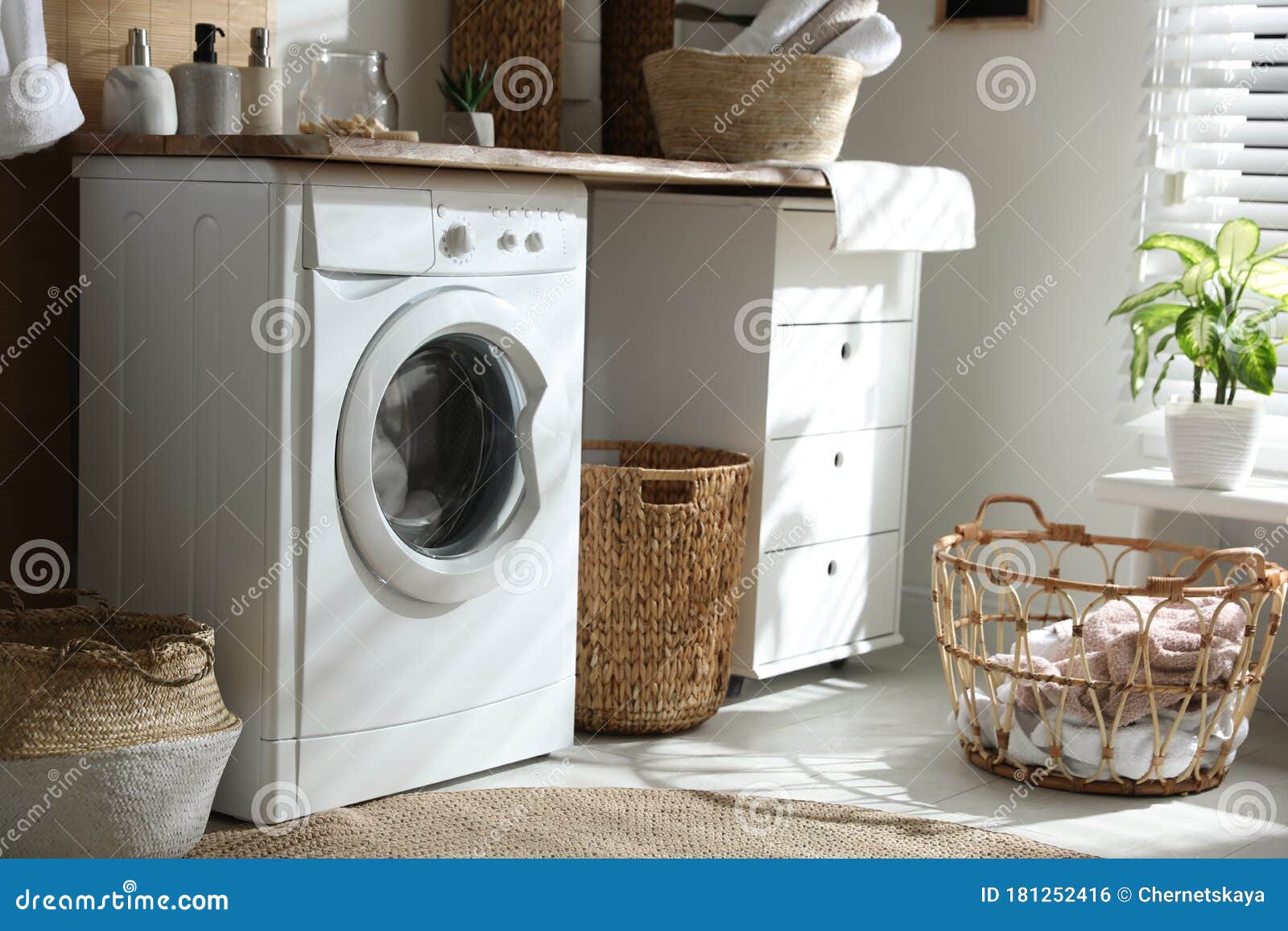 Stylish Bathroom Interior with Washing Machine Stock Photo - Image of ...