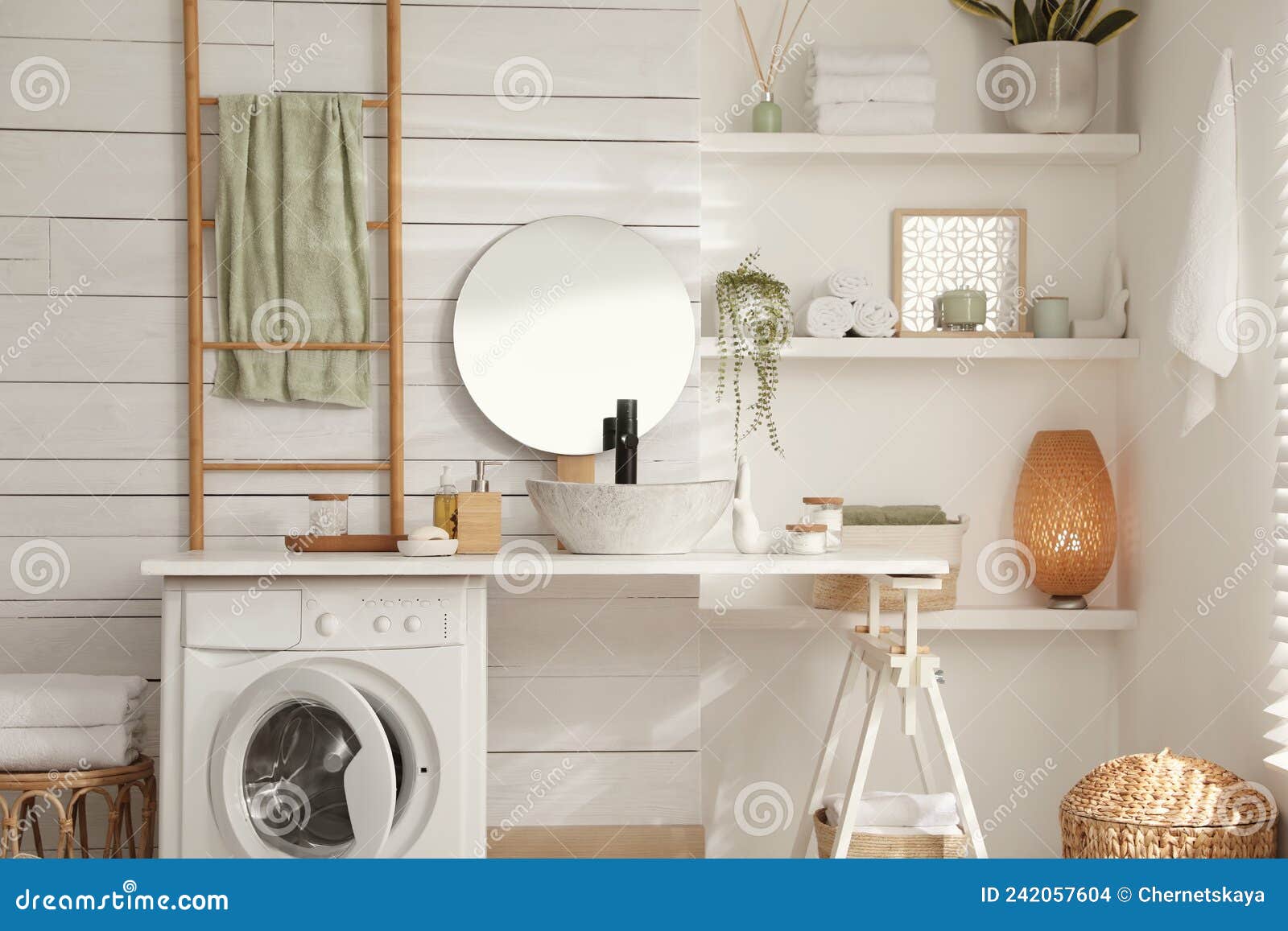 Stylish Bathroom Interior with Modern Washing Machine Stock Photo ...