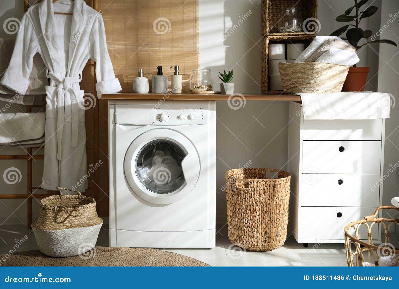 Stylish Bathroom Interior with Washing Machine Stock Photo - Image of ...