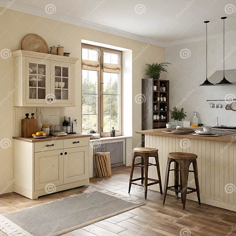 A Stylish Beige Kitchen Interior Featuring a Bar Counter, Ideal for ...