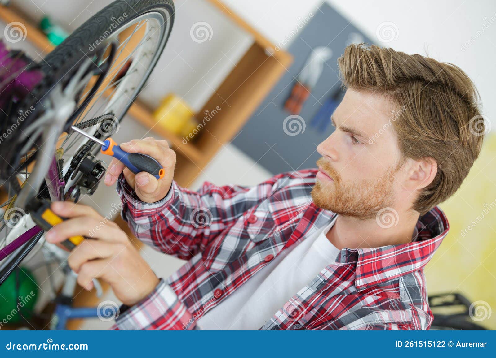Stylish Bicycle Mechanic Doing Professional Work in Workshop Stock ...