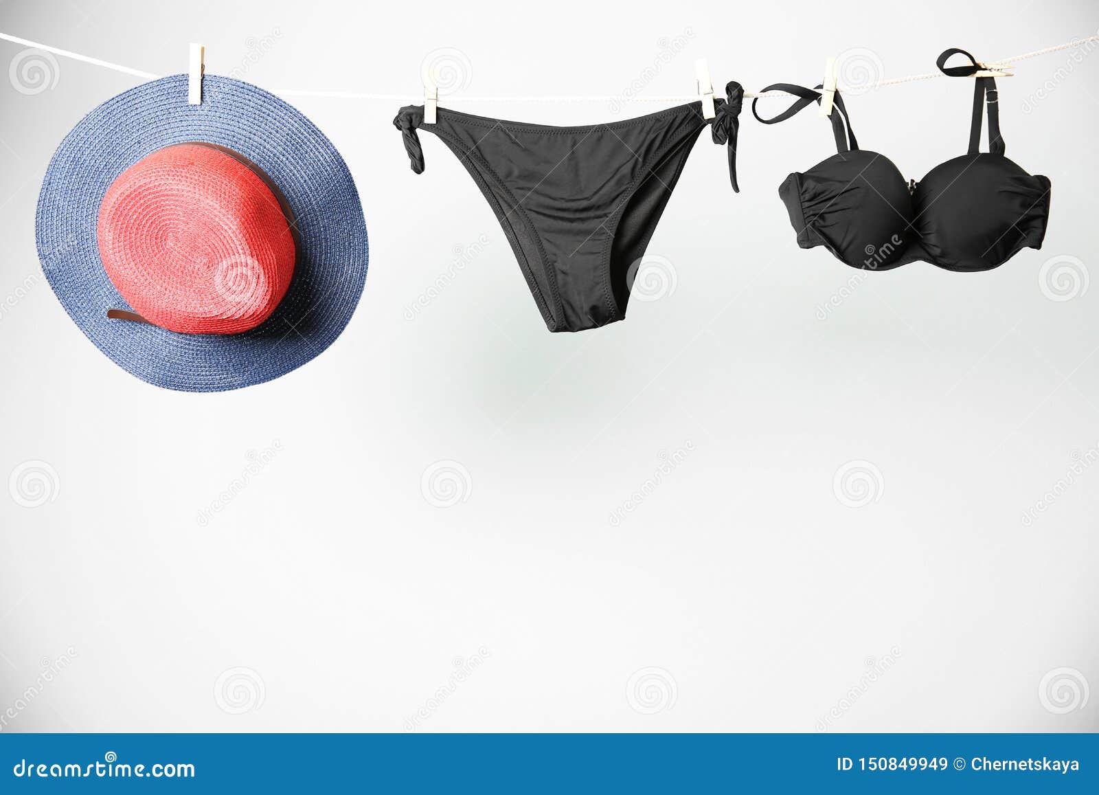 Stylish Bikini and Hat Hanging on Rope Stock Image - Image of relax ...