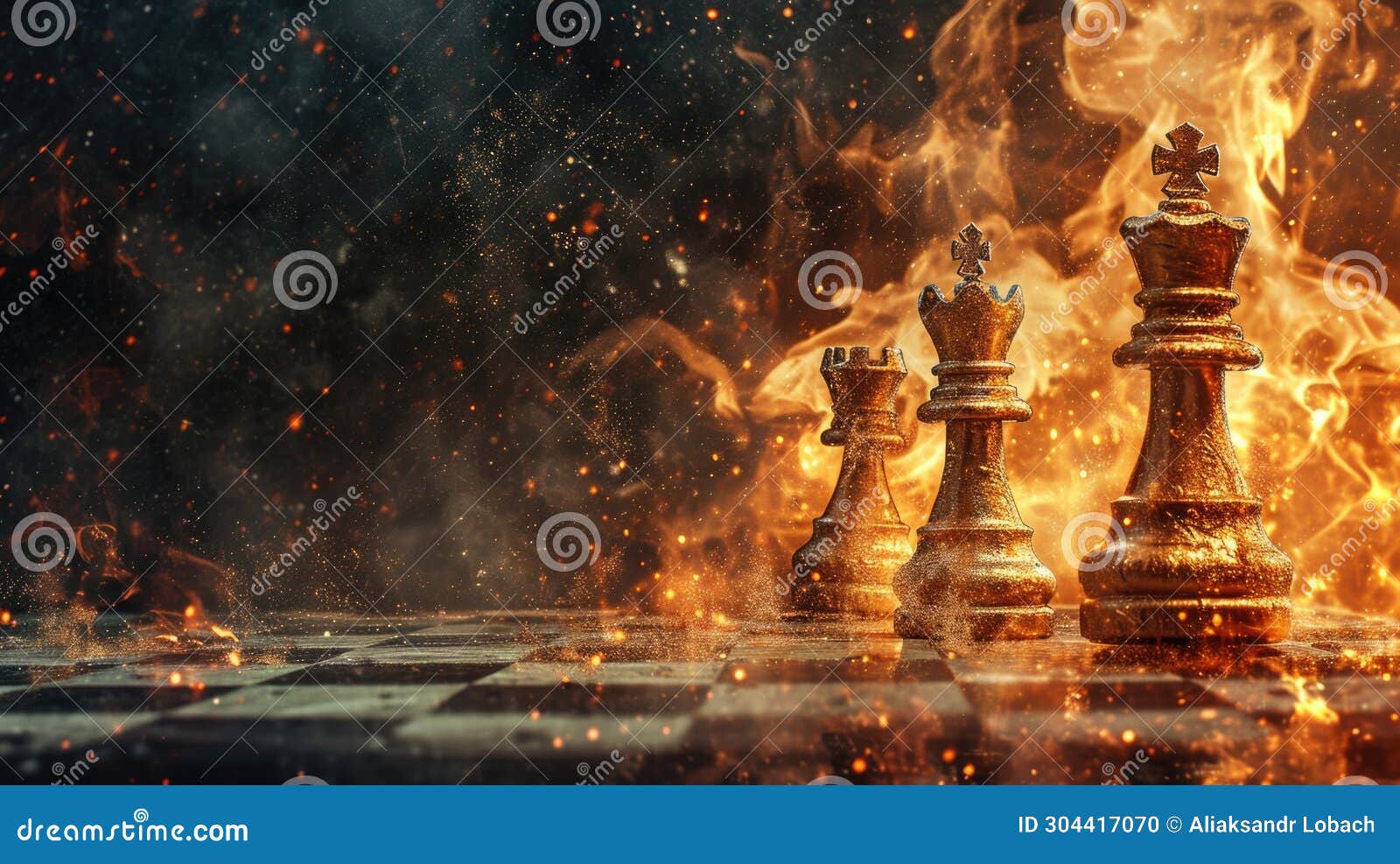 Stylish Black Chess Stands on a Chessboard and a Fire is Burning Around ...