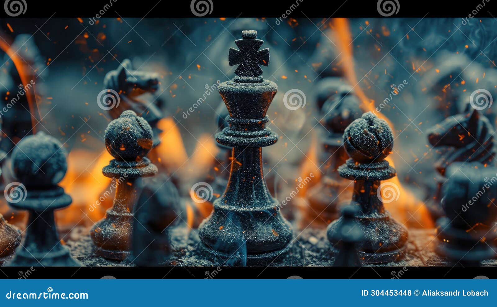Stylish Black Chess Stands on a Chessboard and a Fire is Burning Around ...