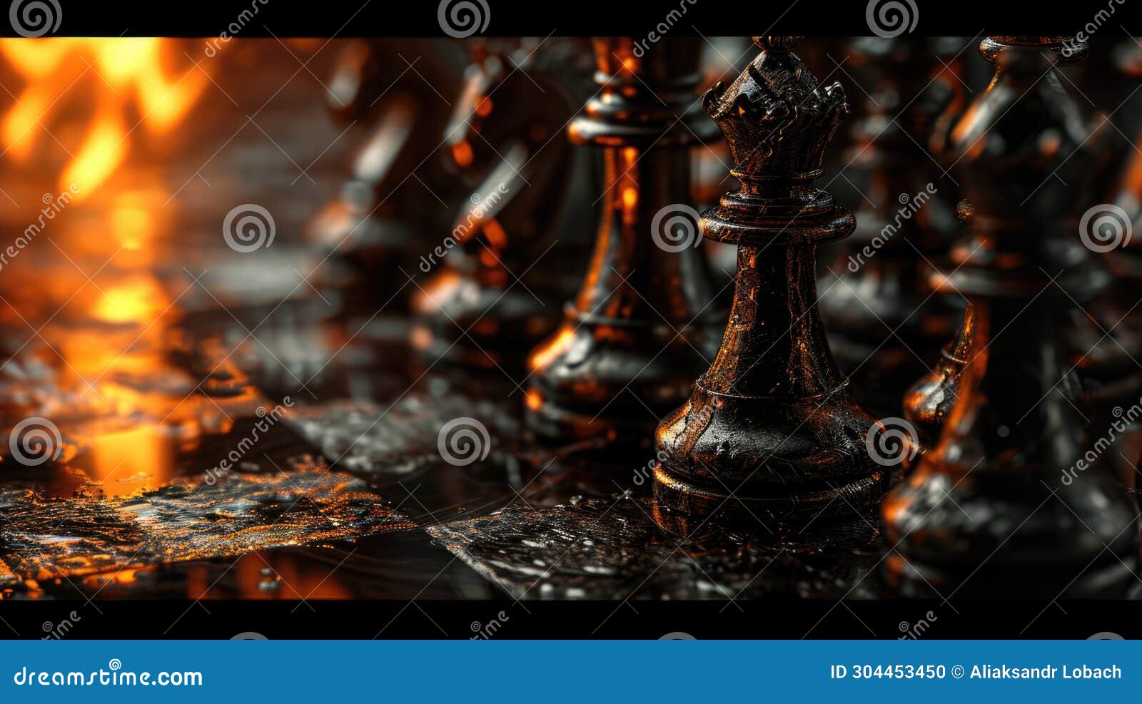 Stylish Black Chess Stands on a Chessboard and a Fire is Burning Around ...