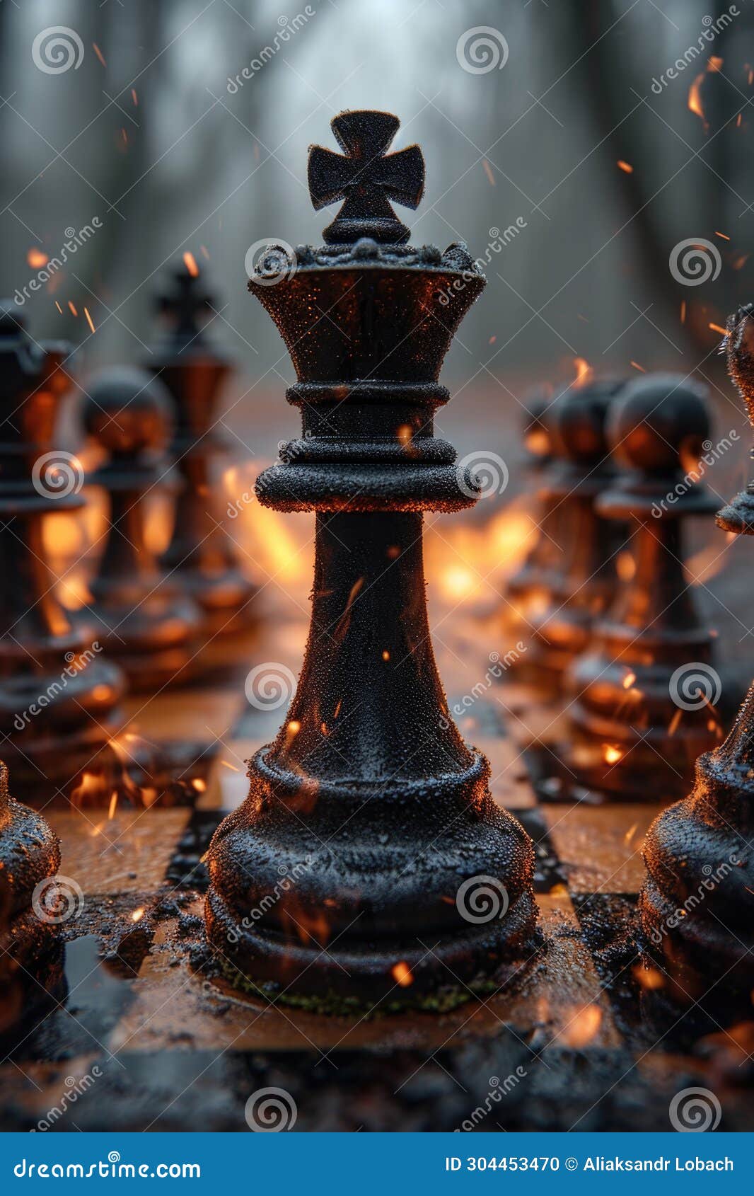 Stylish Black Chess Stands on a Chessboard and a Fire is Burning Around ...