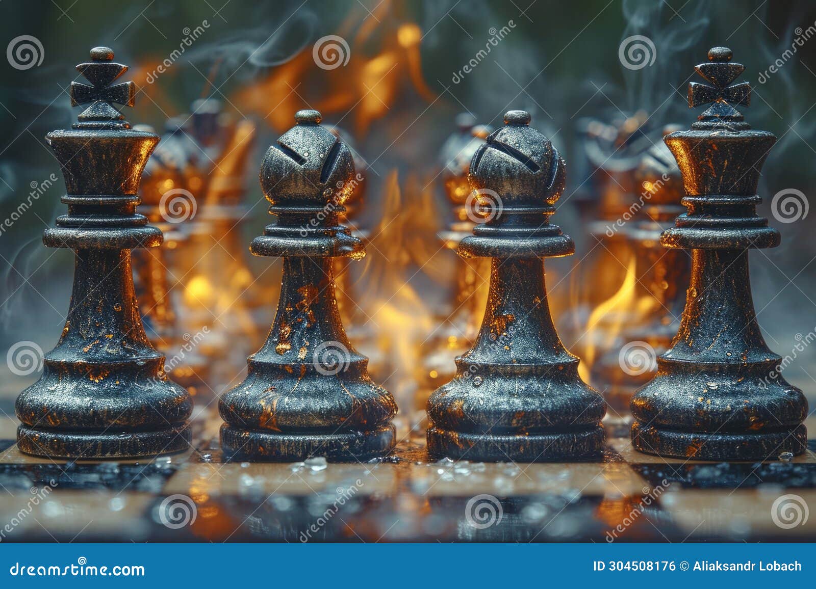 Stylish Black Chess Stands on a Chessboard and a Fire is Burning Around ...