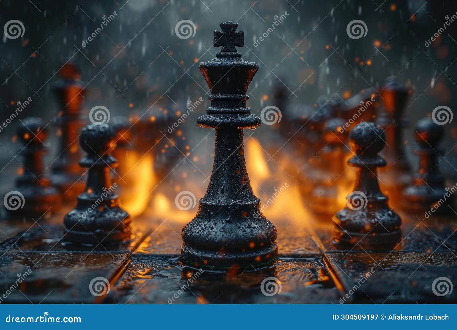 Stylish Black Chess Stands on a Chessboard and a Fire is Burning Around ...