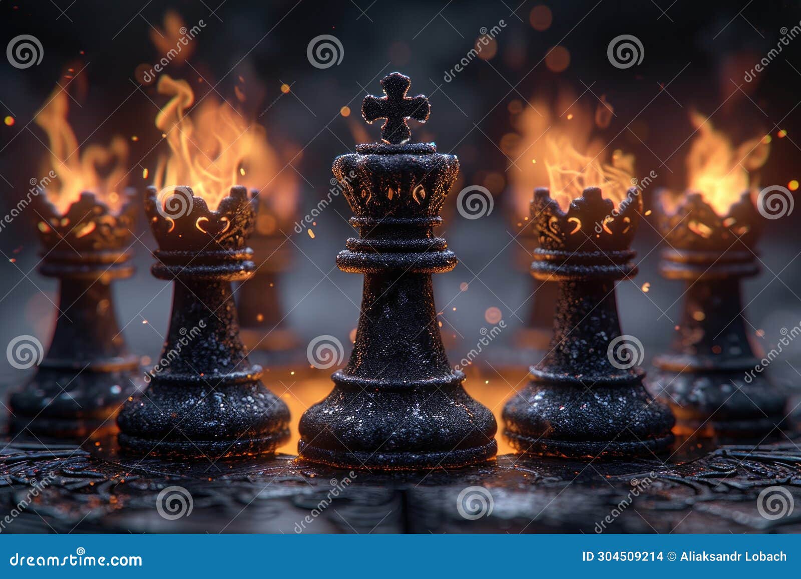 Stylish Black Chess Stands on a Chessboard and a Fire is Burning Around ...
