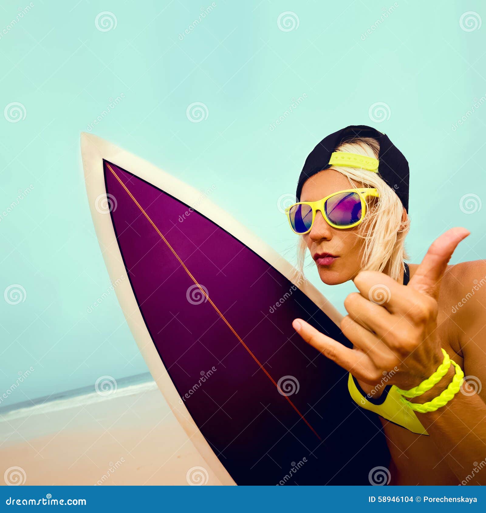 Stylish Blond on the Beach with Bright Surf Board. Surfing Time Stock ...
