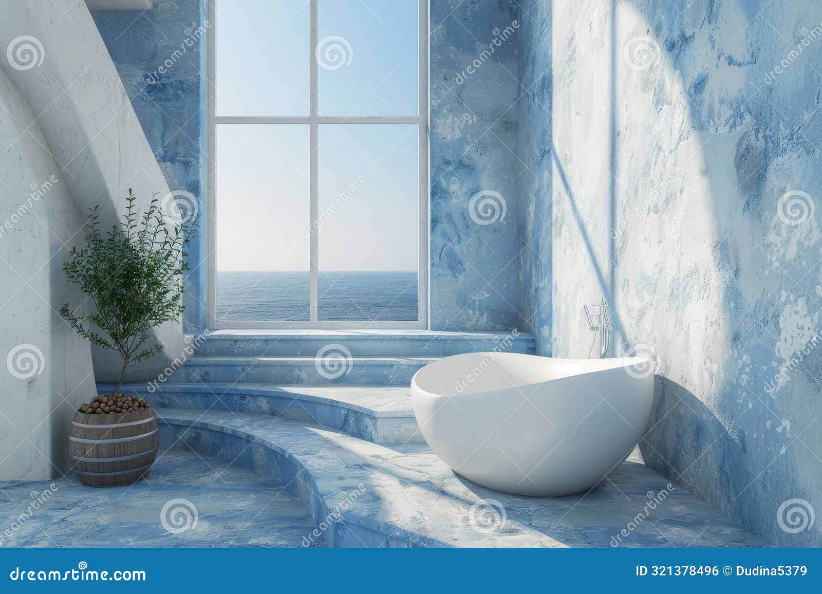 Stylish Blue and White Coastal Bathroom Interior with a Round Bathtub ... Stylish Blue and White Coastal Bathroom Interior with a Round Bathtub ...