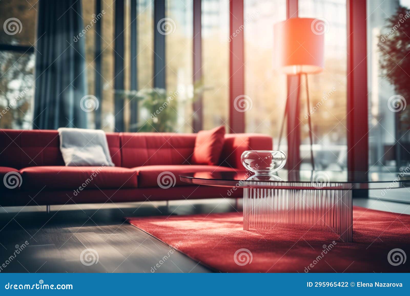 Stylish Blurred Minimal Interior with Red Sofa and Motion Blur Light ...